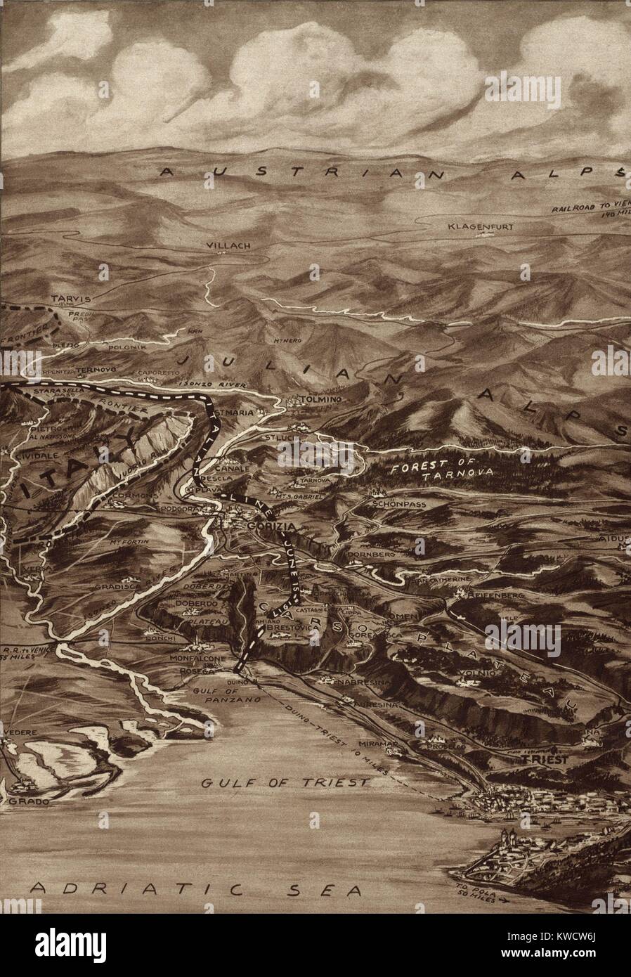 World War 1 map showing the point on the Carso Plateau reached by the ...