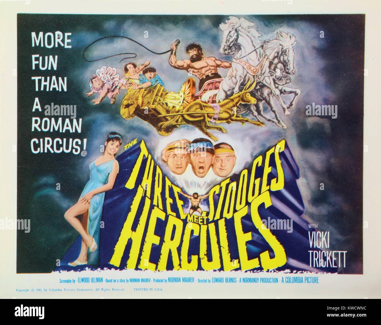 THE THREE STOOGES MEET HERCULES, from left: Vicki Trickett, Larry Fine ...