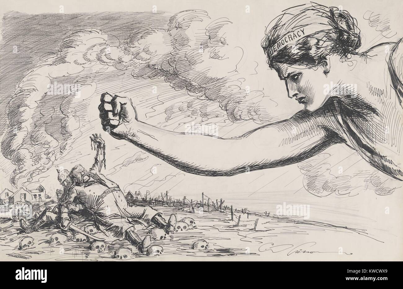 Giant Gibson Girl as the symbol of Democracy, punching German soldier ...