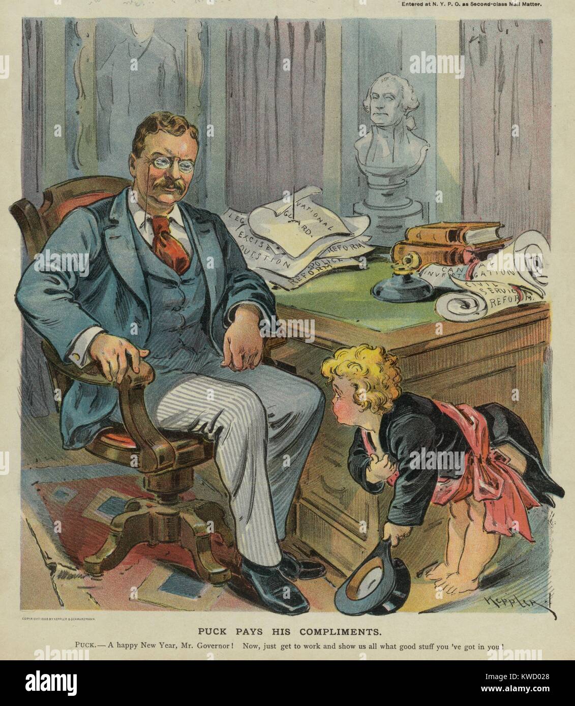 Newly inaugurated New York State Governor, Theodore Roosevelt, sitting ...