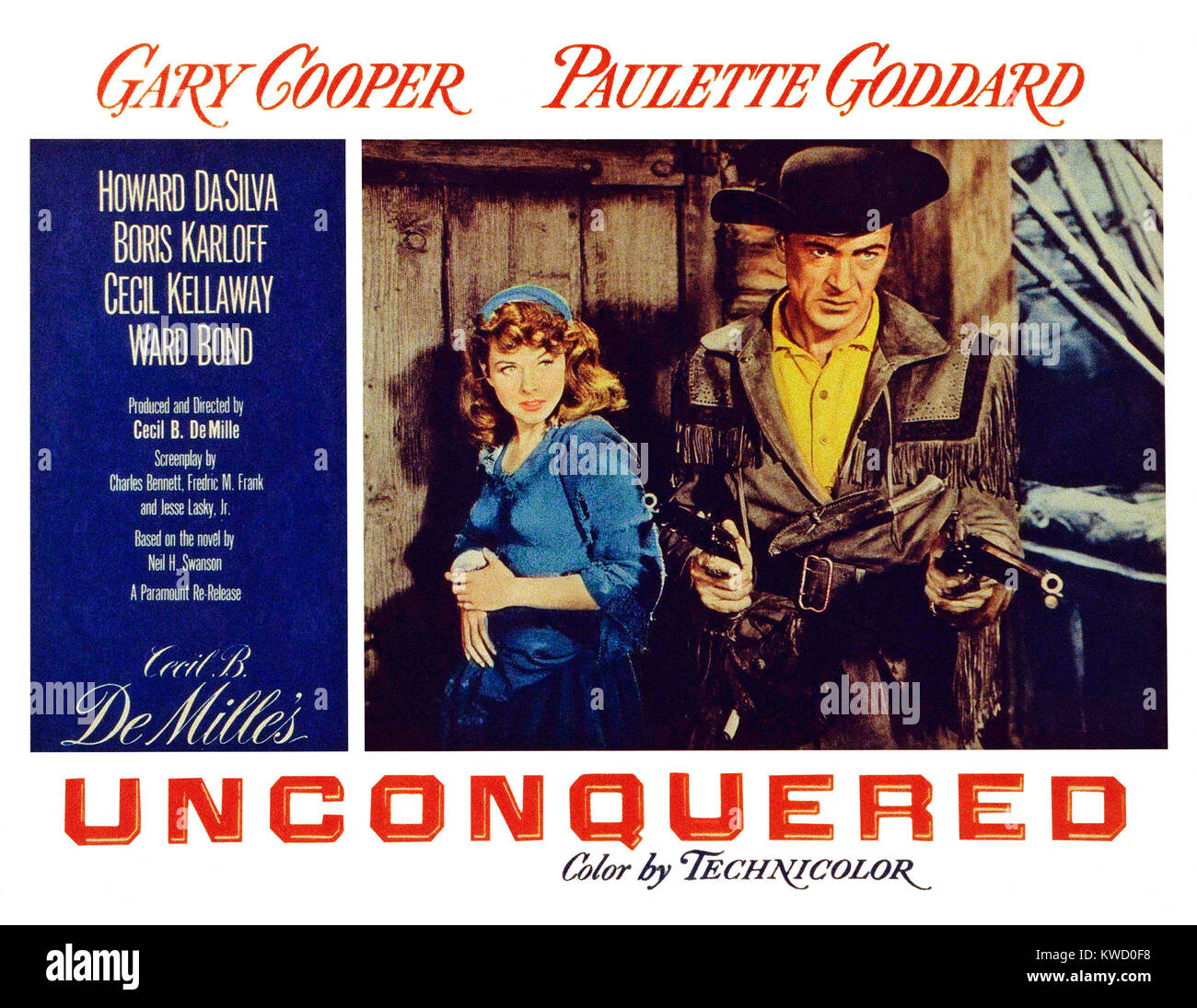 UNCONQUERED, US lobbycard, from left: Paulette Goddard, Gary Cooper ...