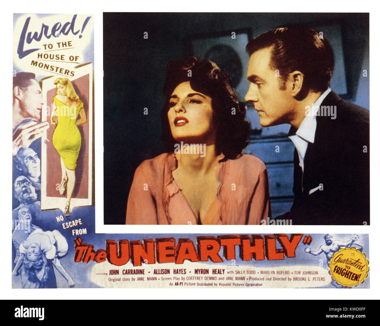 THE UNEARTHLY, US lobbycard, from left: Allison Hayes, Myron Healey ...