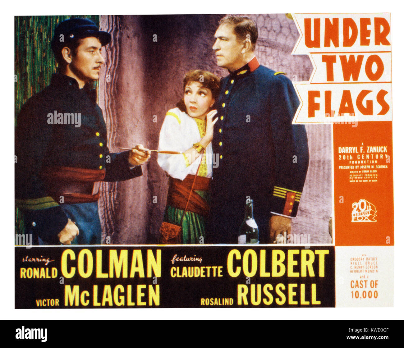UNDER TWO FLAGS, US lobbycard, from left: Ronald Colman, Claudette ...
