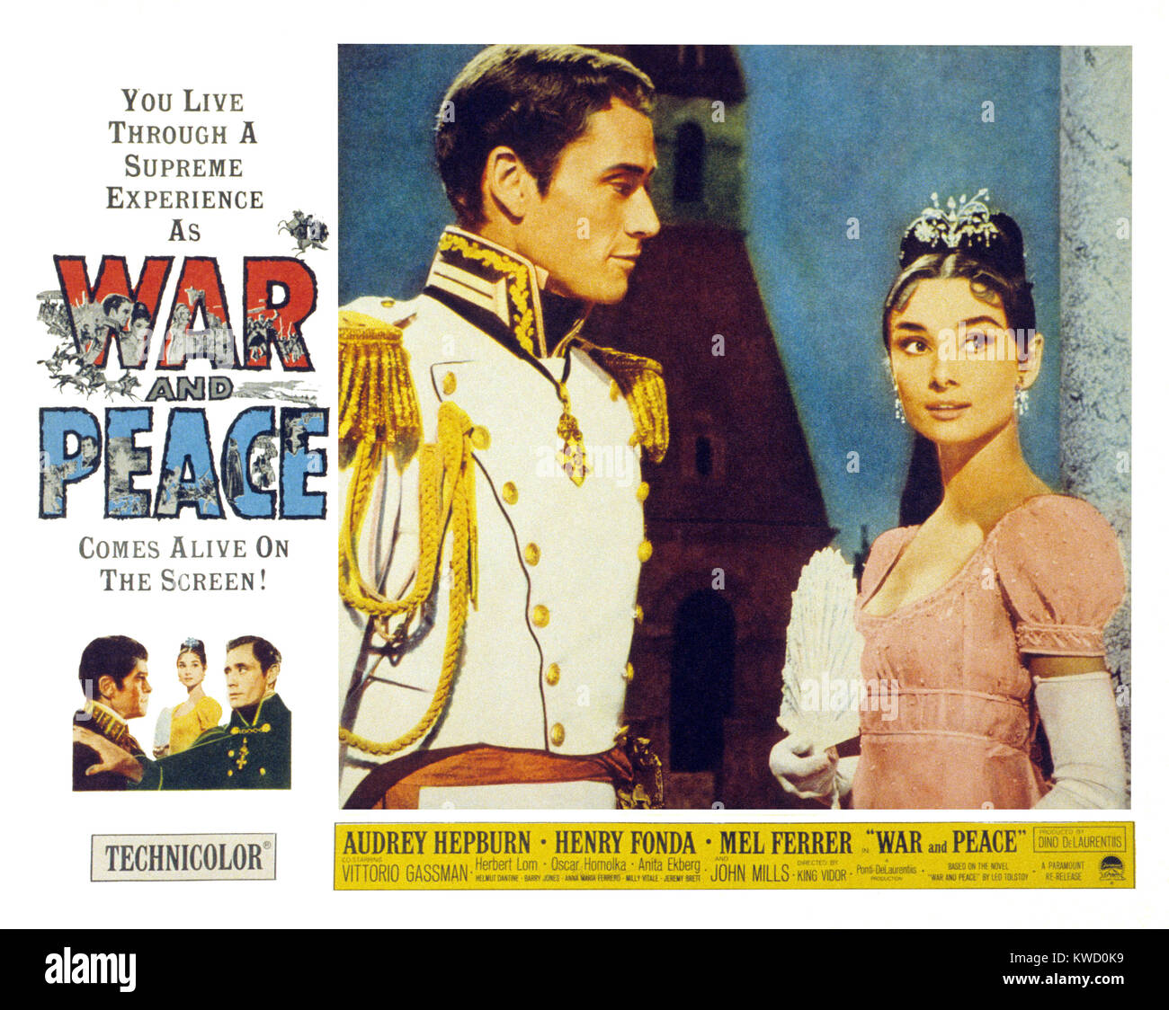 WAR AND PEACE, US lobbycard, from left: Mel Ferrer, Audrey Hepburn ...