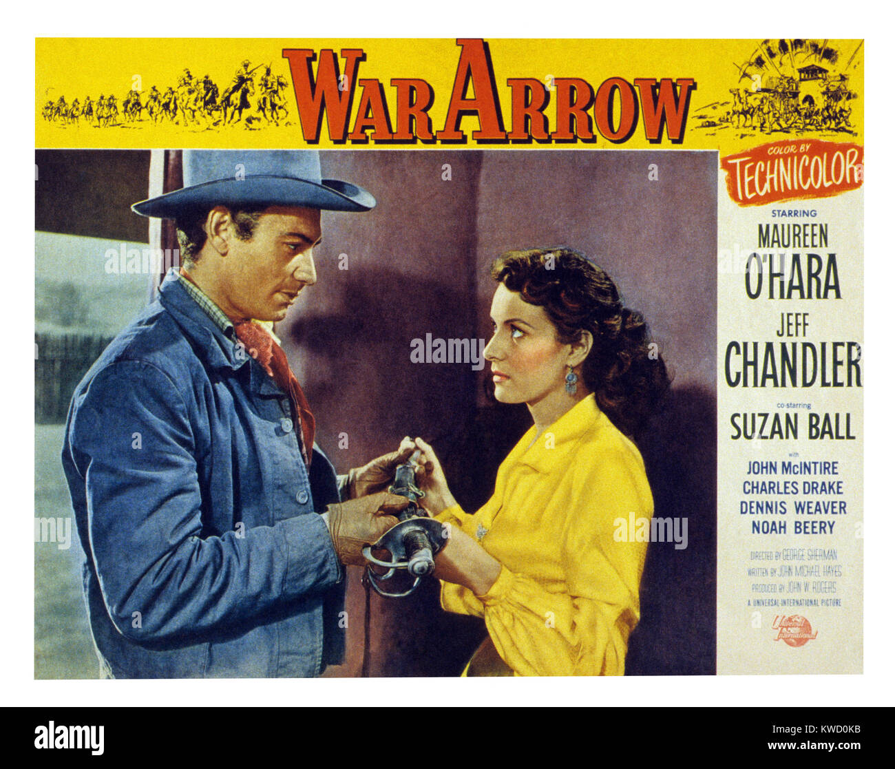 WAR ARROW, US lobbycard, from left: Jeff Chandler, Maureen O'Hara, 1953 Stock Photo - Alamy