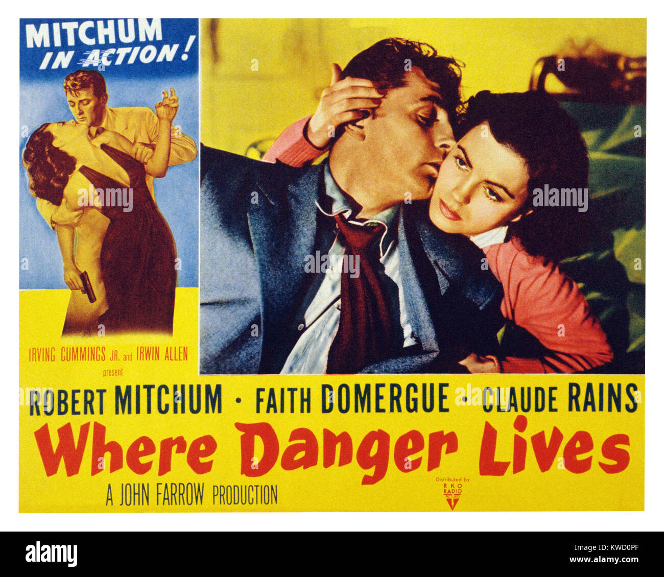 WHERE DANGER LIVES, US lobbycard, from left: Robert Mitchum, Faith Domergue, 1950 Stock Photo ...