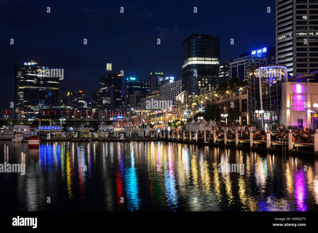 Cockle Bay Wharf in Darling Harbour by night, with Sydney Central ...