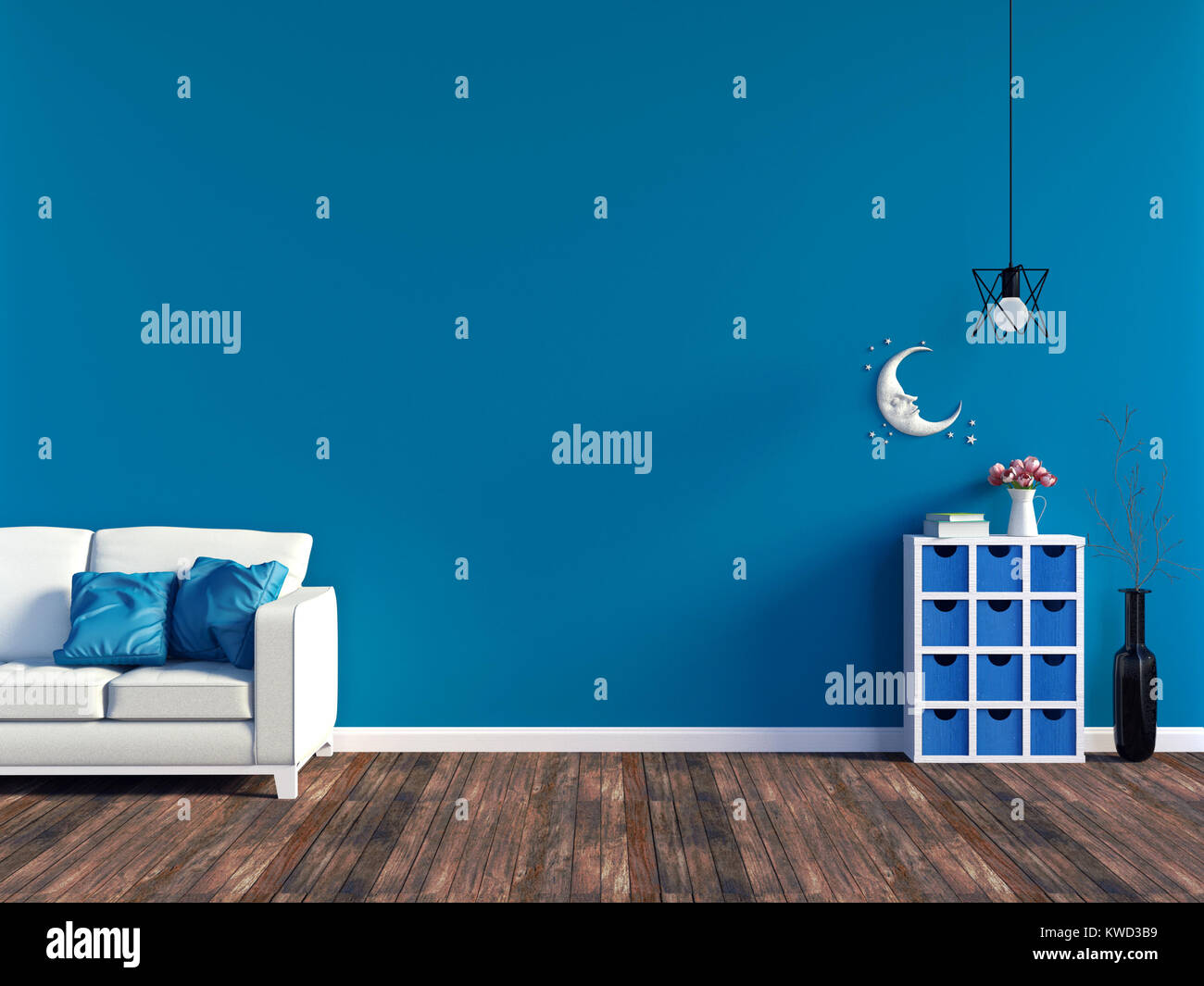 Modern blue living room interior - white leather sofa and blue wall ...