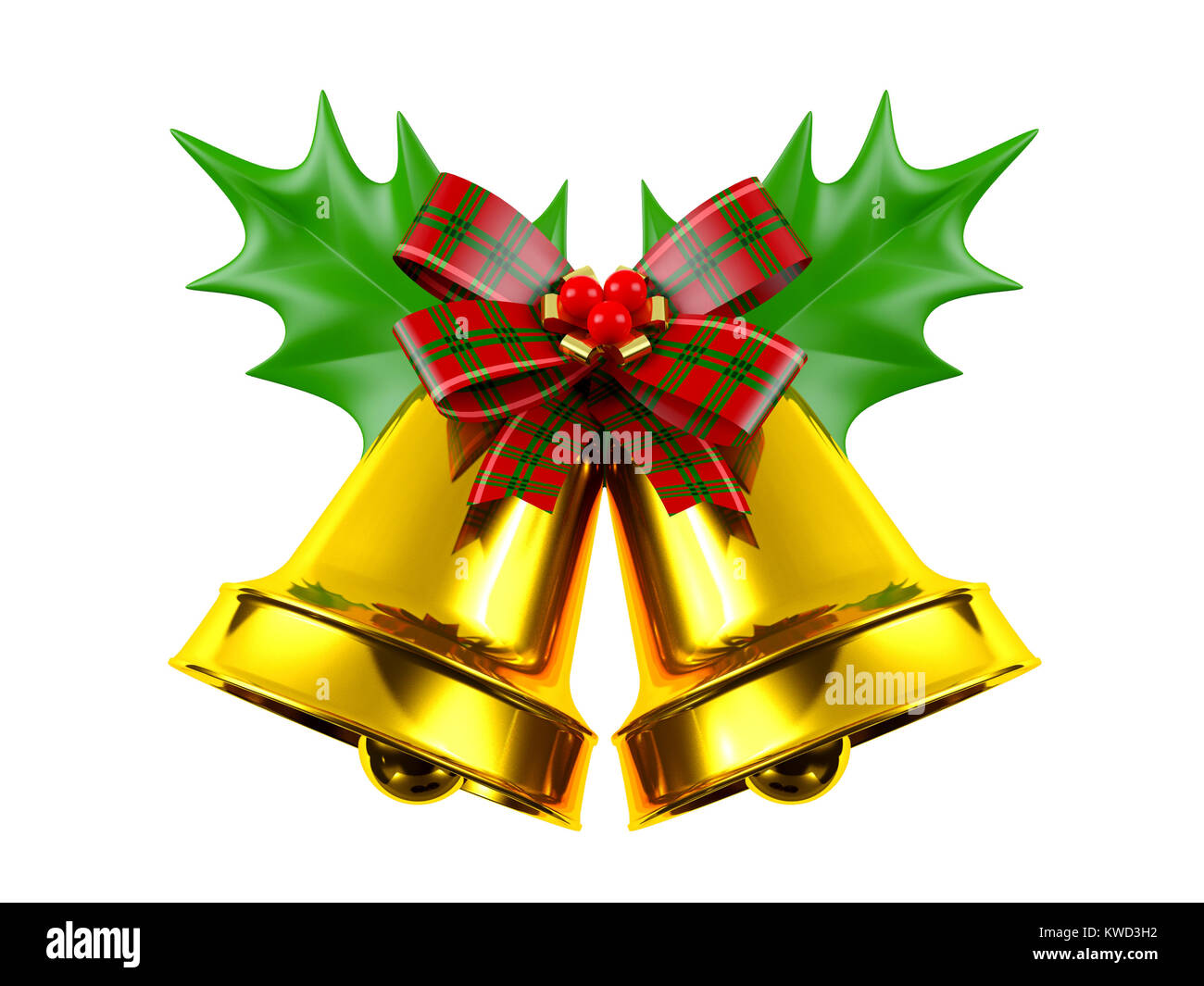 Christmas bell with holly isolated on white background, 3D rendering ...