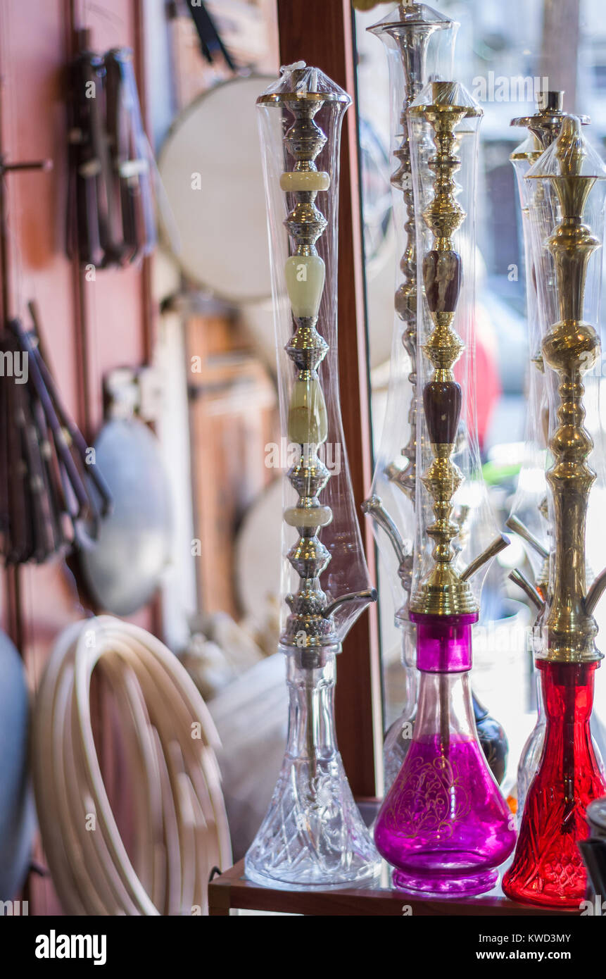 Shelf with traditional Arguiles (Narguile,Shisha, Chicha, hookah ...