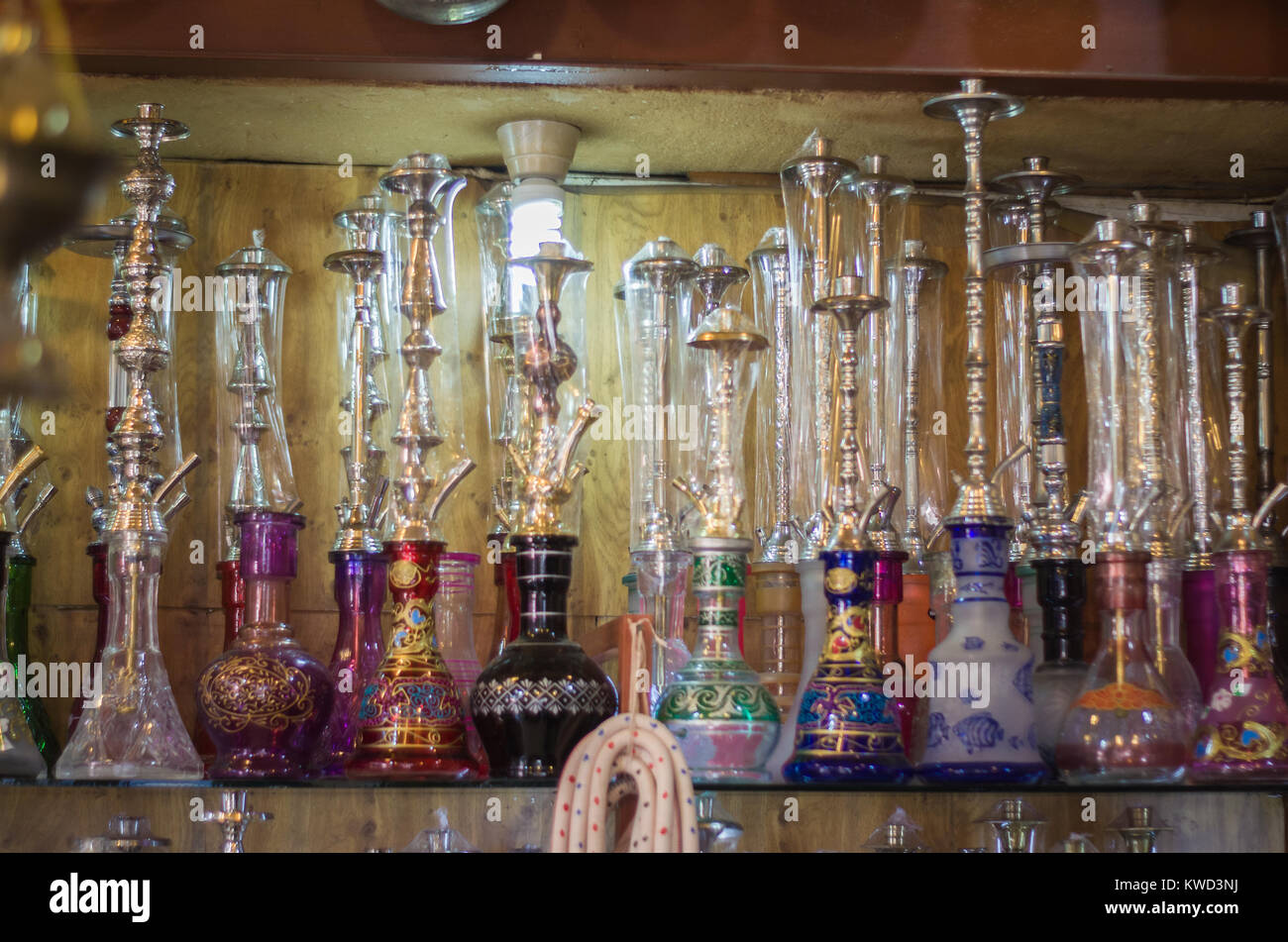 Shelf with traditional Arguiles (Narguile,Shisha, Chicha, hookah ...