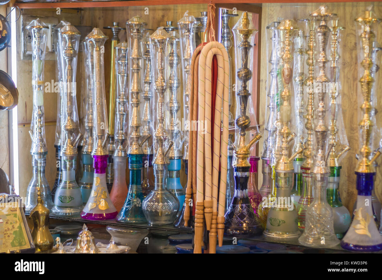 Shelf with traditional Arguiles (Narguile,Shisha, Chicha, hookah ...