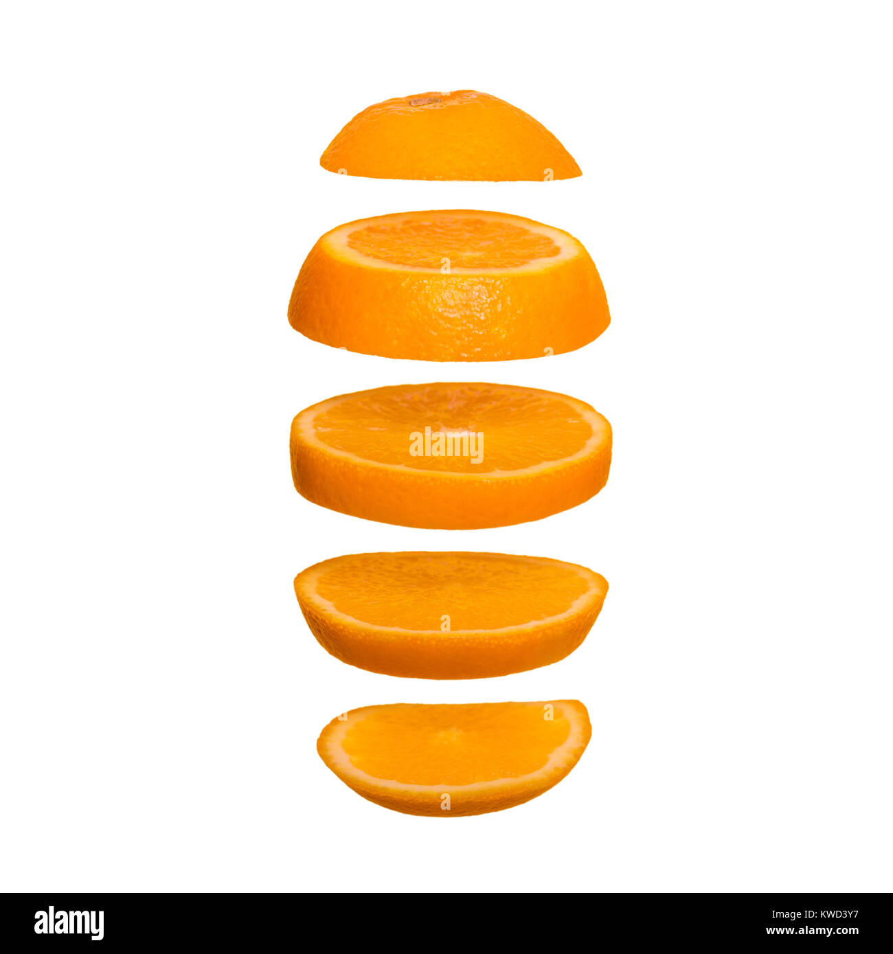 Creative concept with Flying orange. Sliced orange isolated on white ...