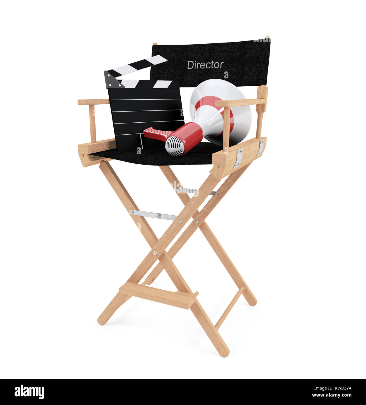 Director's chair with clapper board and megaphone isolated on white ...