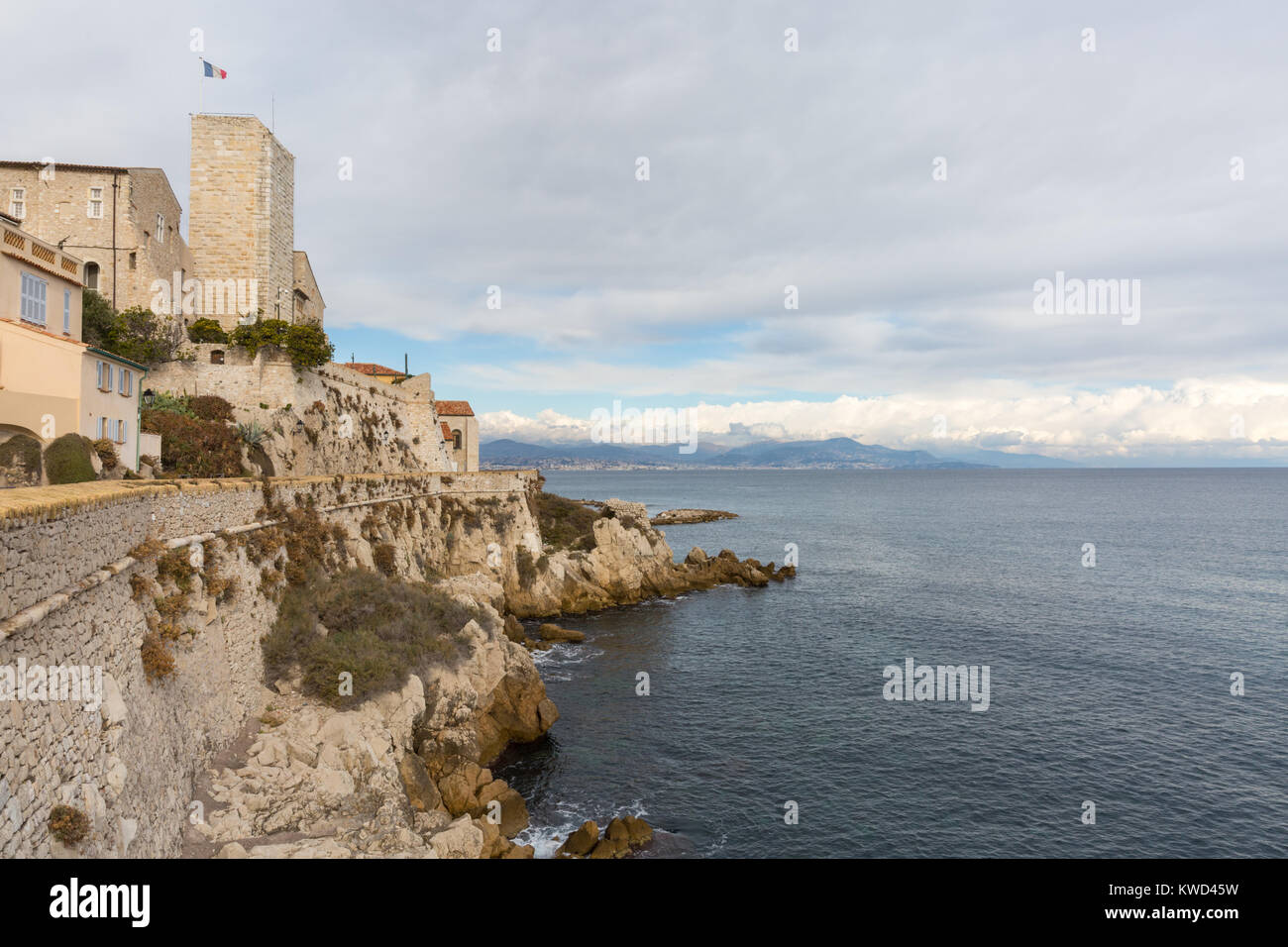Coastal stretch, cliffs and sea behind Musee Picasso in Antibes, French ...