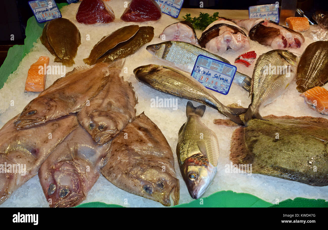 Fresh Fish on Market of the Boqueria Barcelona Stock Photo - Alamy