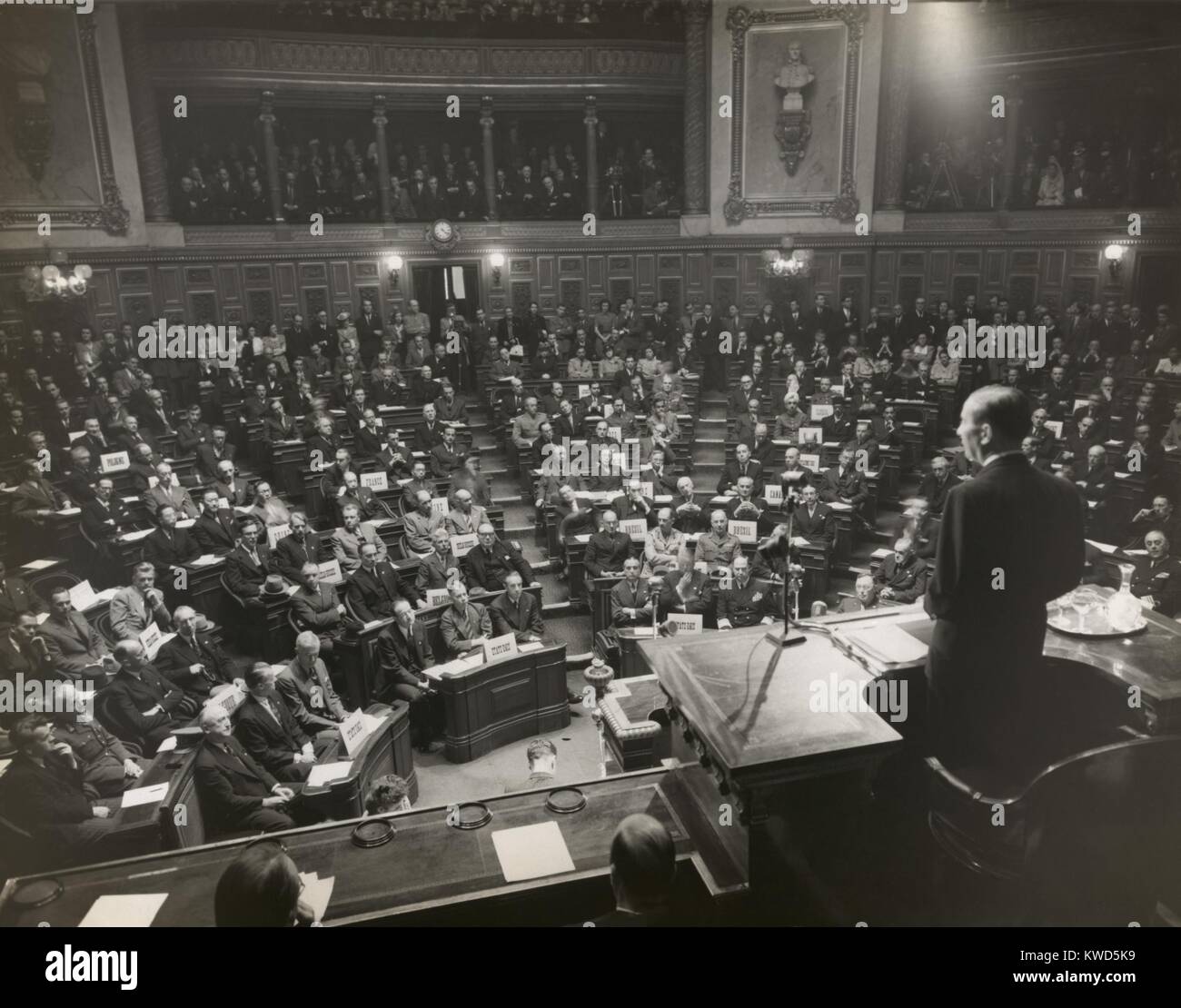 French president Georges Bidault welcoming foreign delegates to the ...