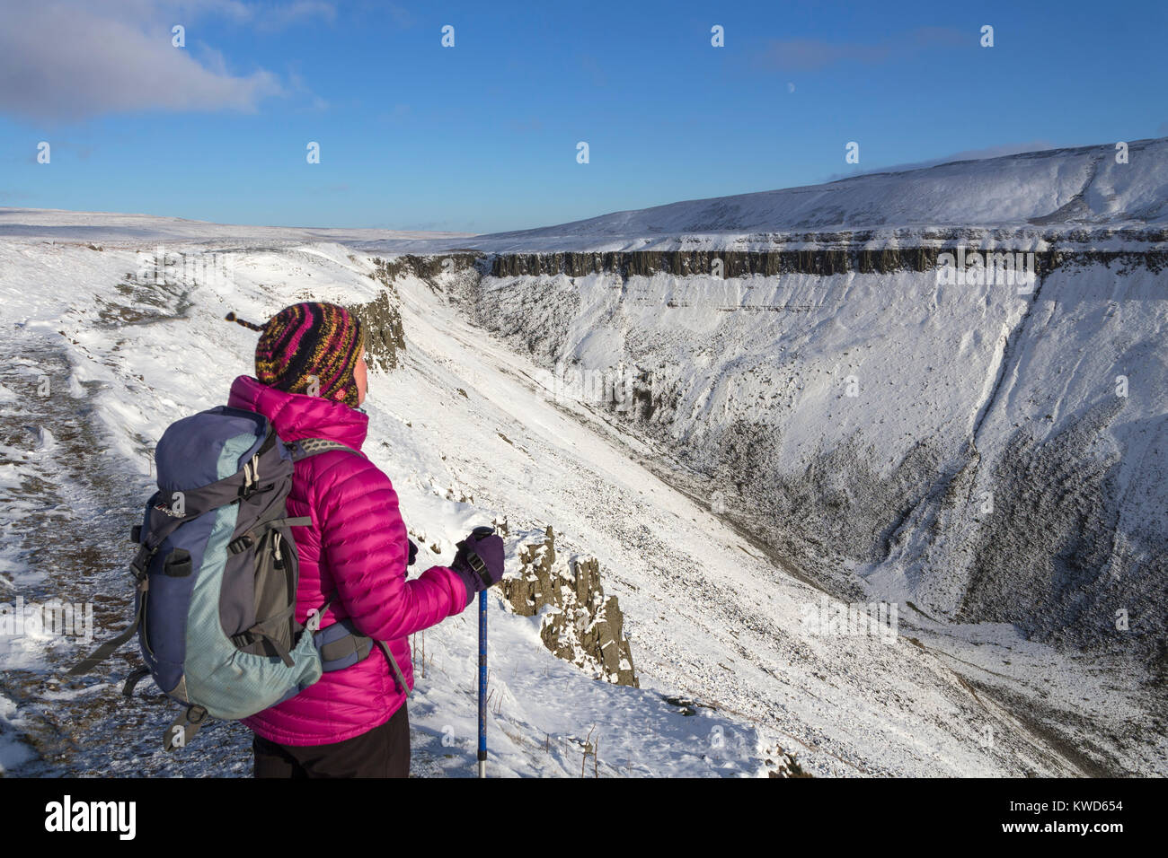Walker and the Escarpment of High Cup Nick with the Moon Above, Viewed ...