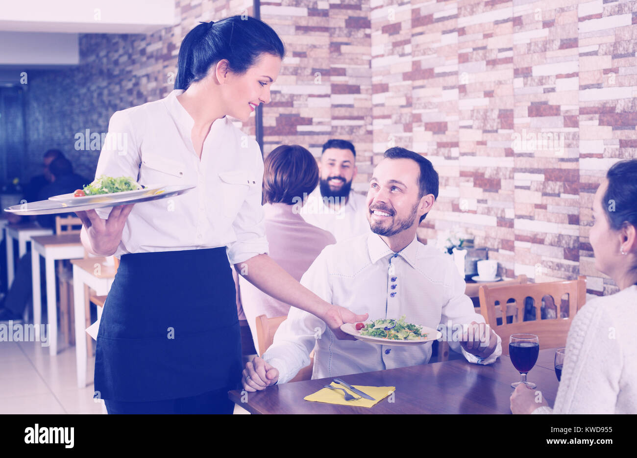 Smiling waitress serving meal for restaurant guests at table Stock ...