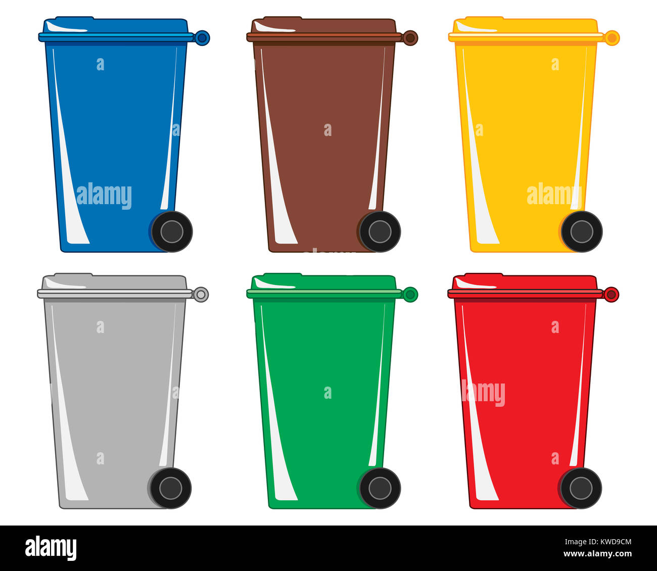 an illustration of six colorful wheelie bins for different types of ...