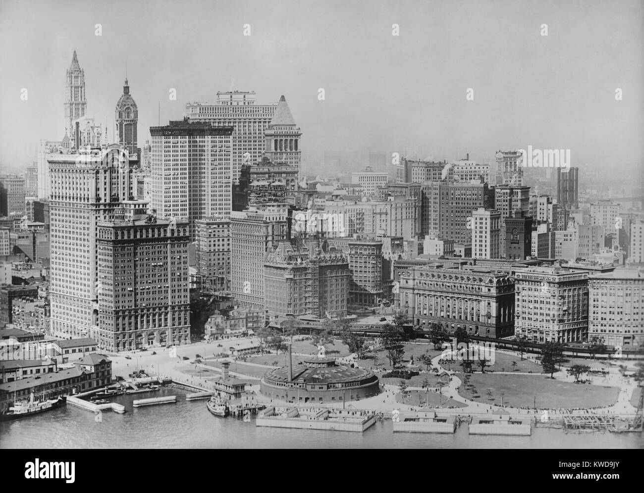 Battery Park and the Financial District in aerial photo taken from a U ...
