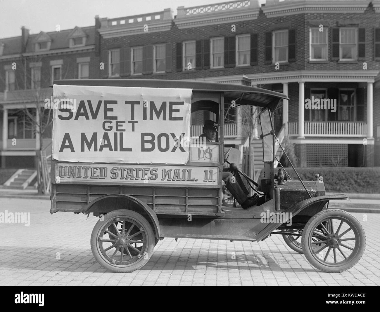 Mail Wagon in Washington, D.C. in 1916. On its side is a large sign ...