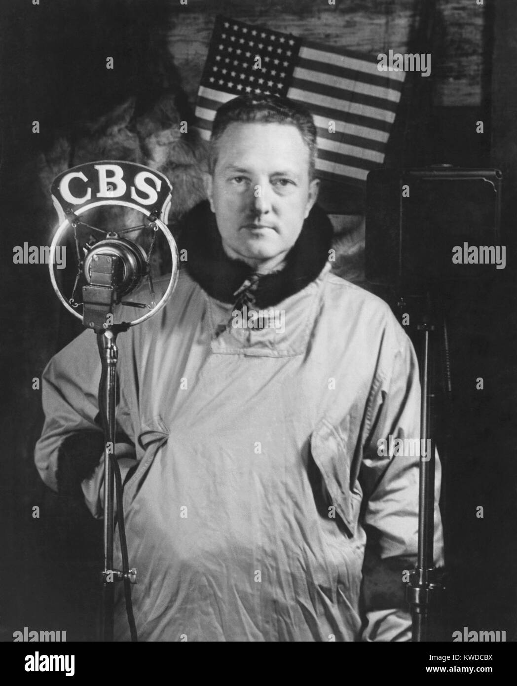 Admiral Richard E. Byrd at the CBS radio microphone at Little America ...