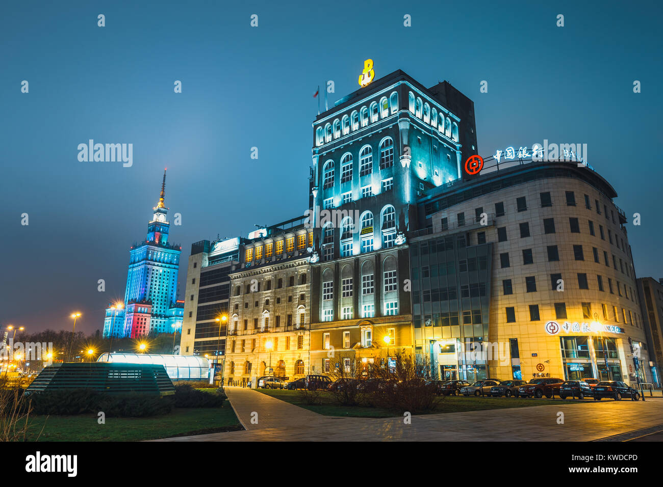 Warsaw, Poland, March 12, 2016: Night view of downtown with the PAST ...