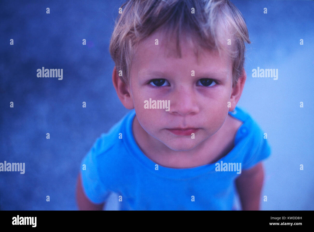 Toddler male boy child looking up at camera wearing blue shirt Stock ...