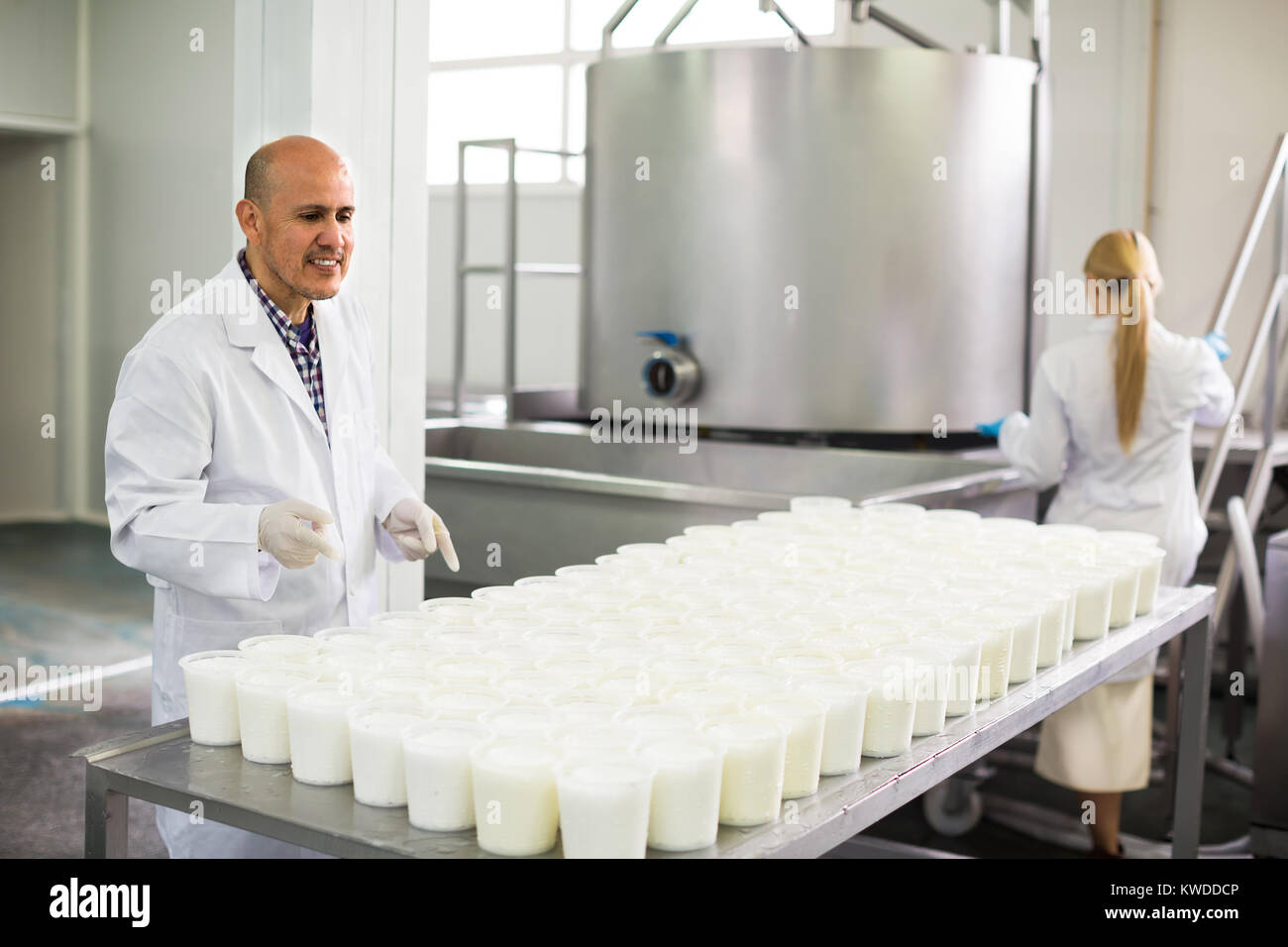 two specialists in white coats working at cottage cheese production on ...
