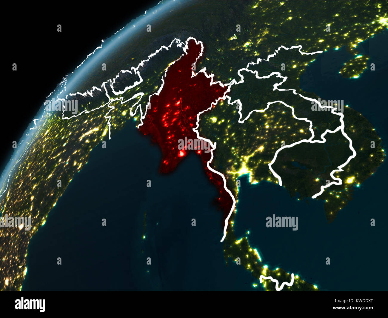Myanmar in red on planet Earth at night with visible borderlines and ...