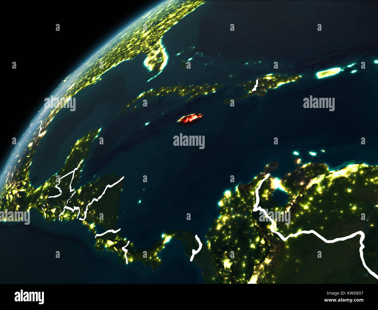 Jamaica in red on planet Earth at night with visible borderlines and ...