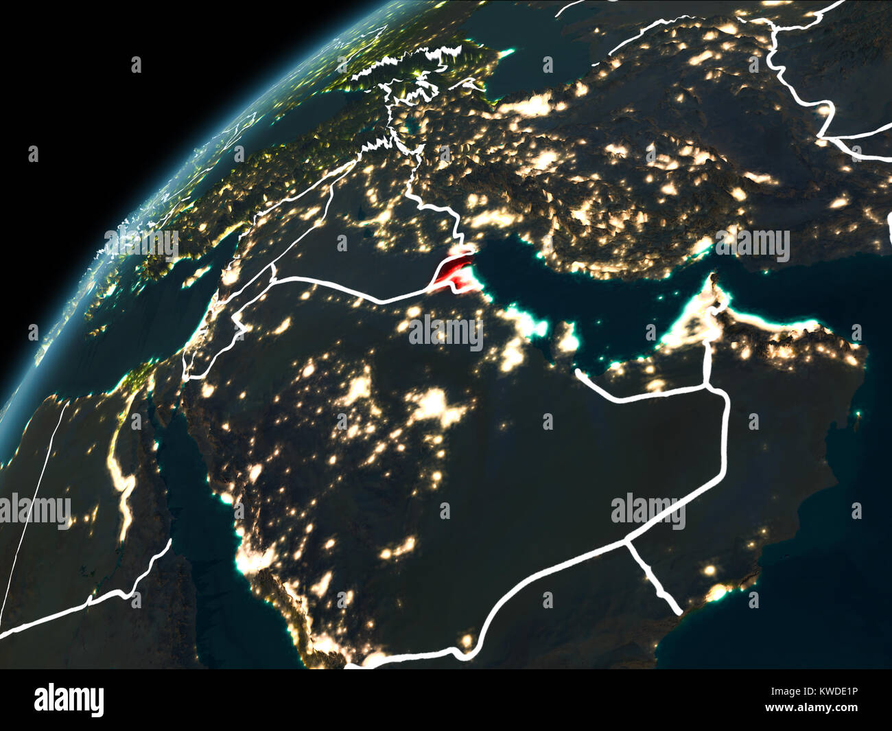 Kuwait in red on planet Earth at night with visible borderlines and city lights. 3D illustration ...