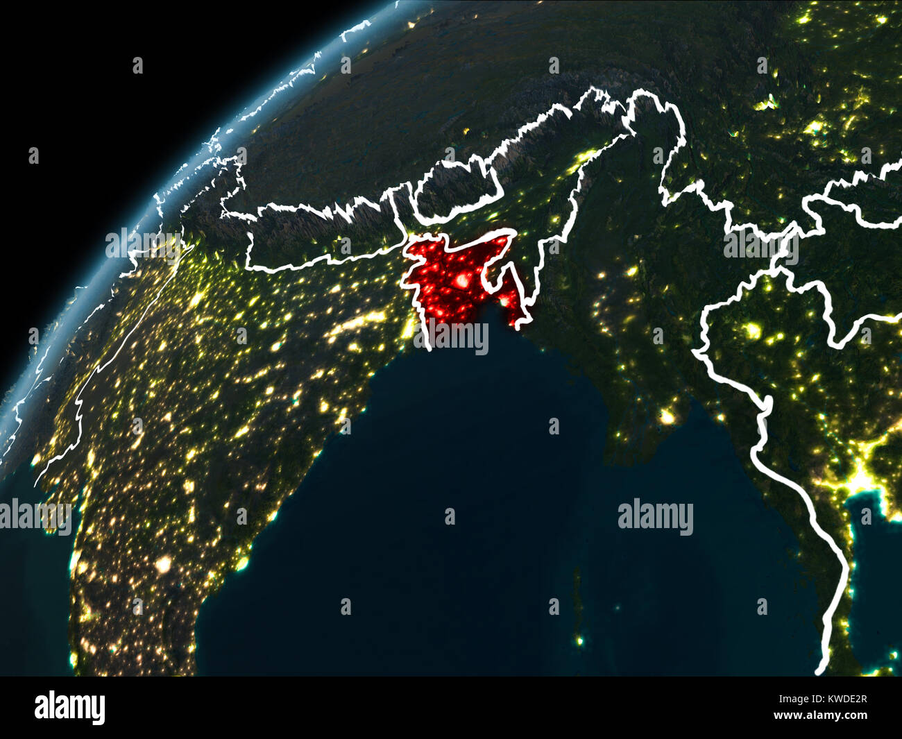 Bangladesh in red on planet Earth at night with visible borderlines and ...