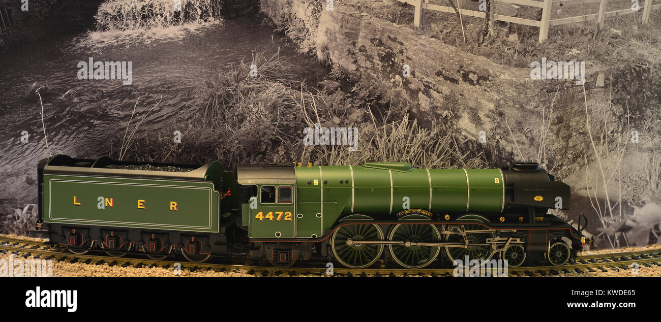 Model of the Flying Scotsman by a scenic backdrop Stock Photo - Alamy