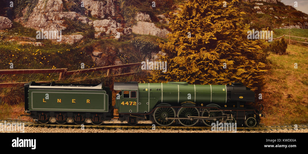 Model of the Flying Scotsman by a scenic backdrop Stock Photo - Alamy