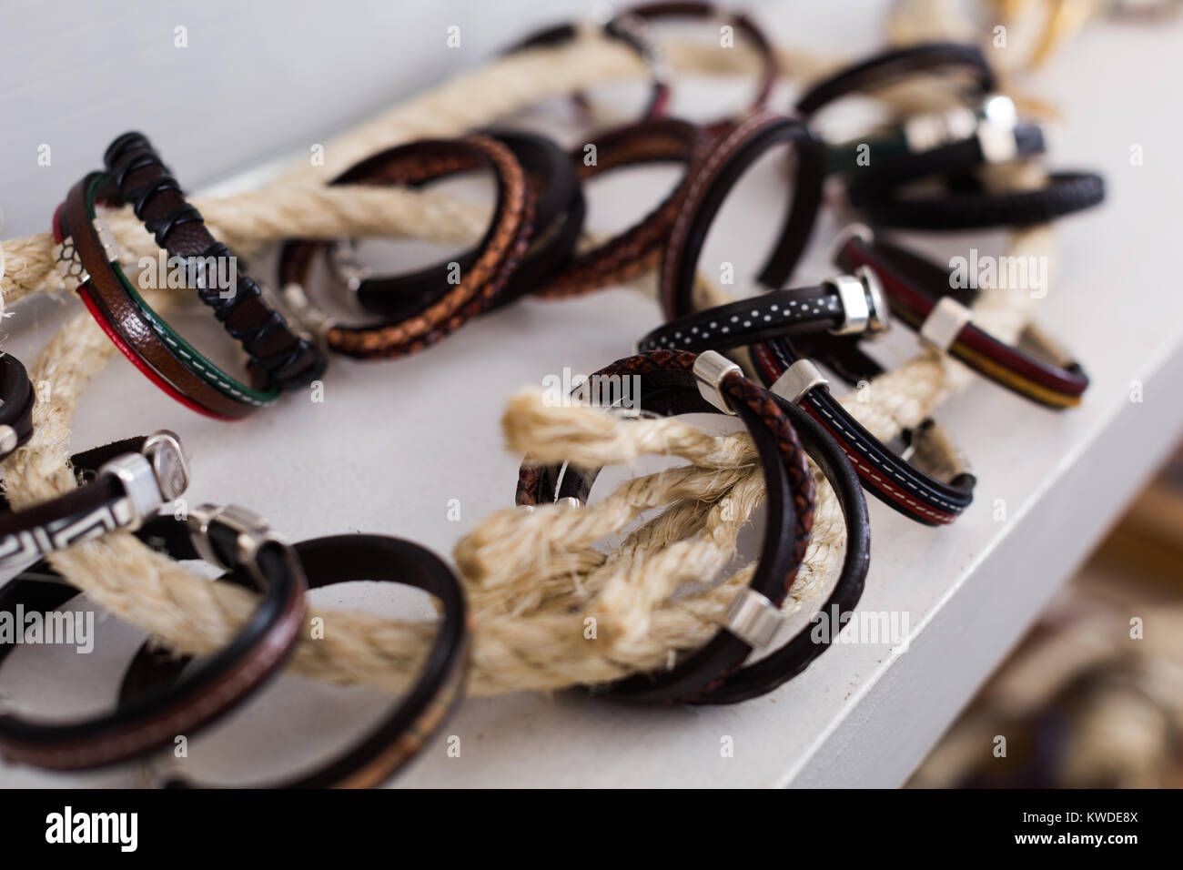 The store selling different leather bracelets with clasp Stock Photo ...