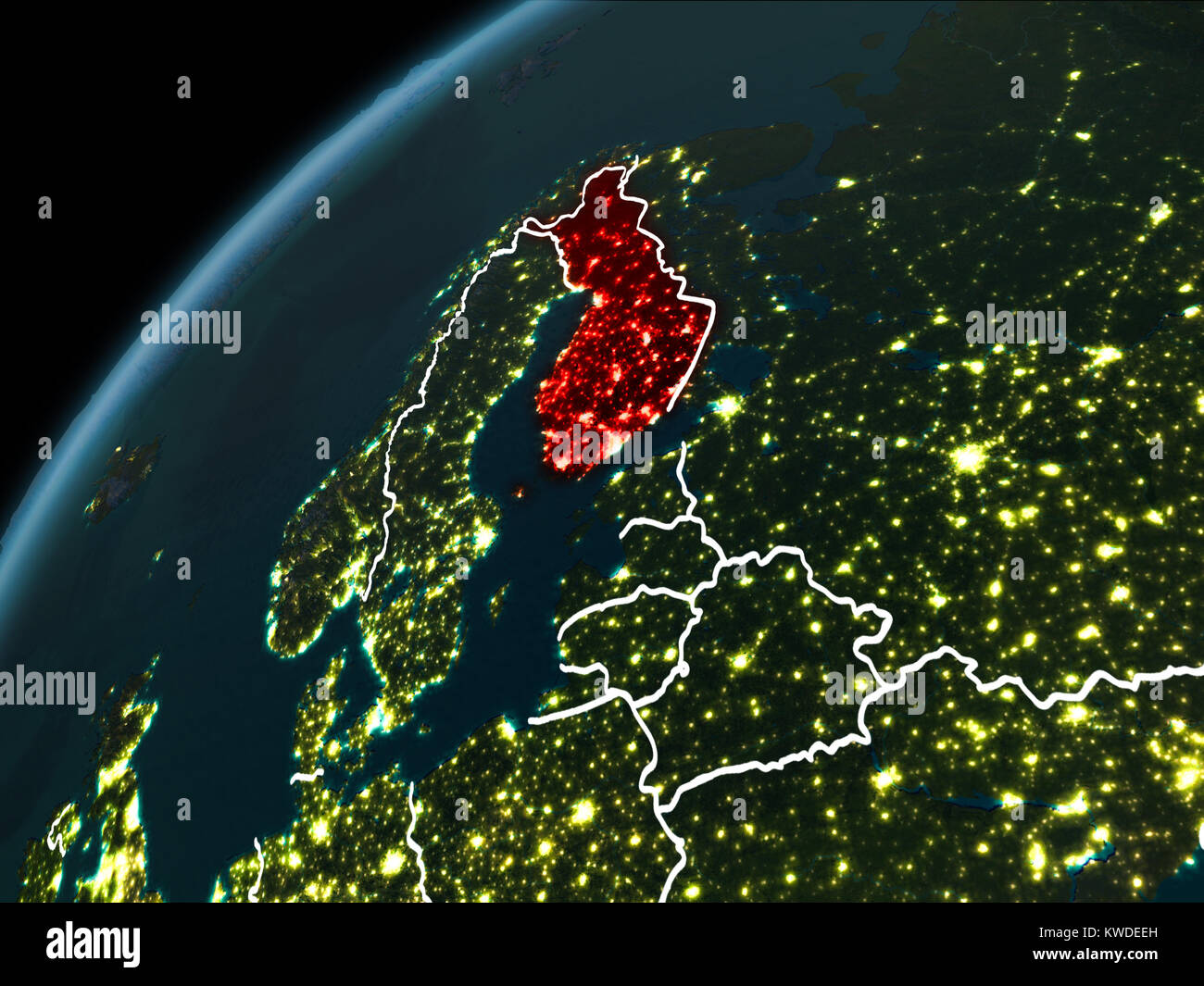 Finland in red on planet Earth at night with visible borderlines and city lights. 3D ...