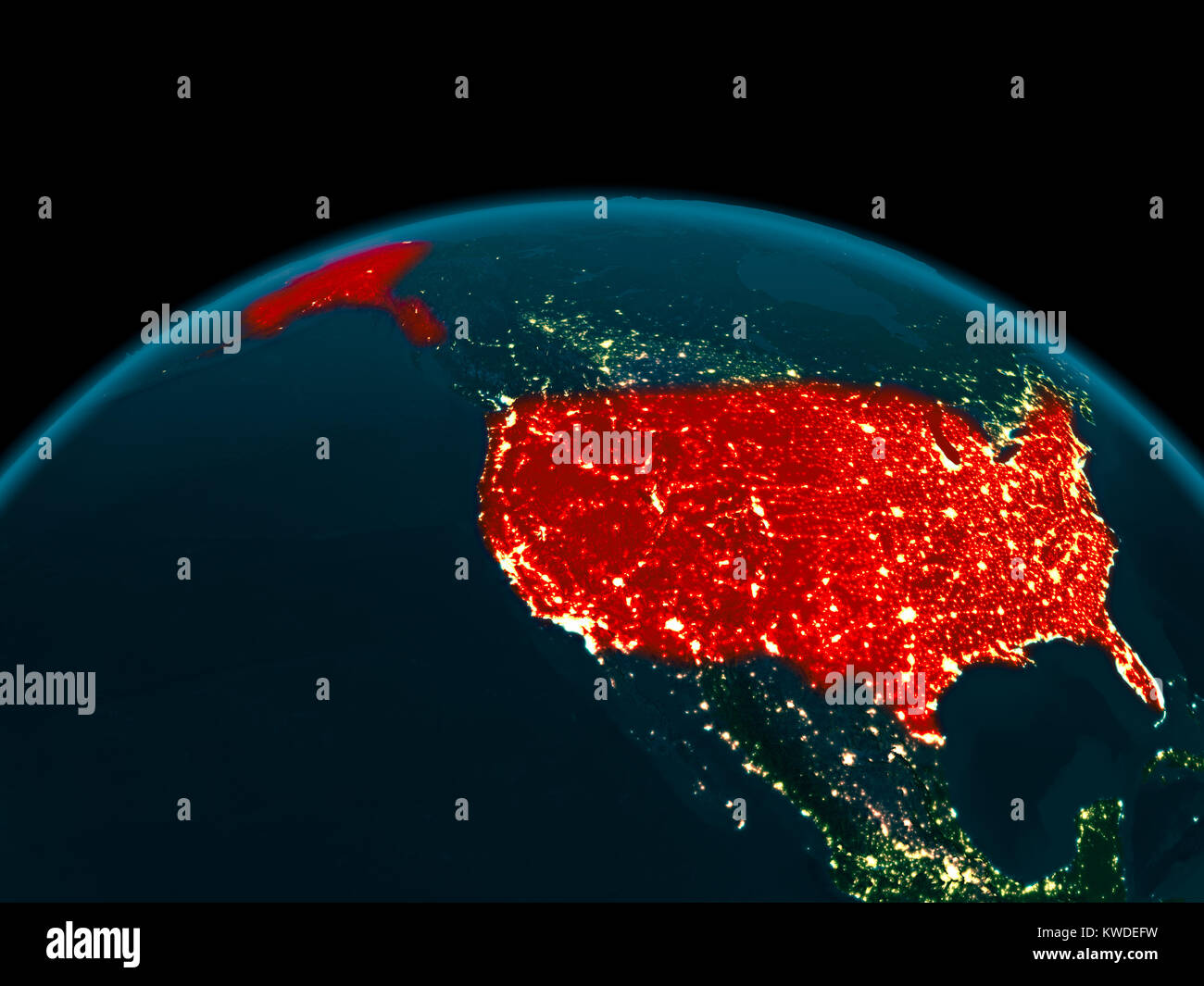 Country of USA in red on planet Earth at night. 3D illustration ...