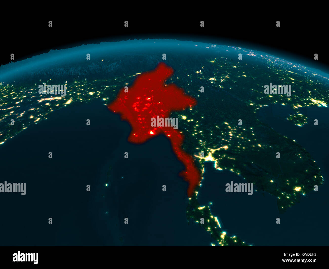 Country of Myanmar in red on planet Earth at night. 3D illustration ...