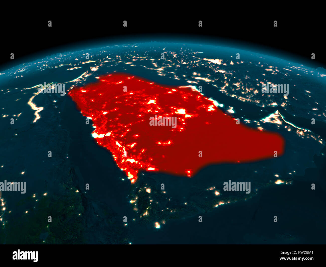 Country of Saudi Arabia in red on planet Earth at night. 3D ...