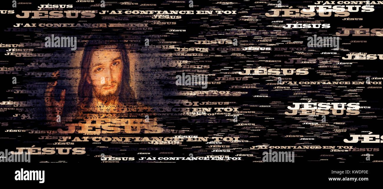 text portrait of the Merciful Jesus image with the French translations ...
