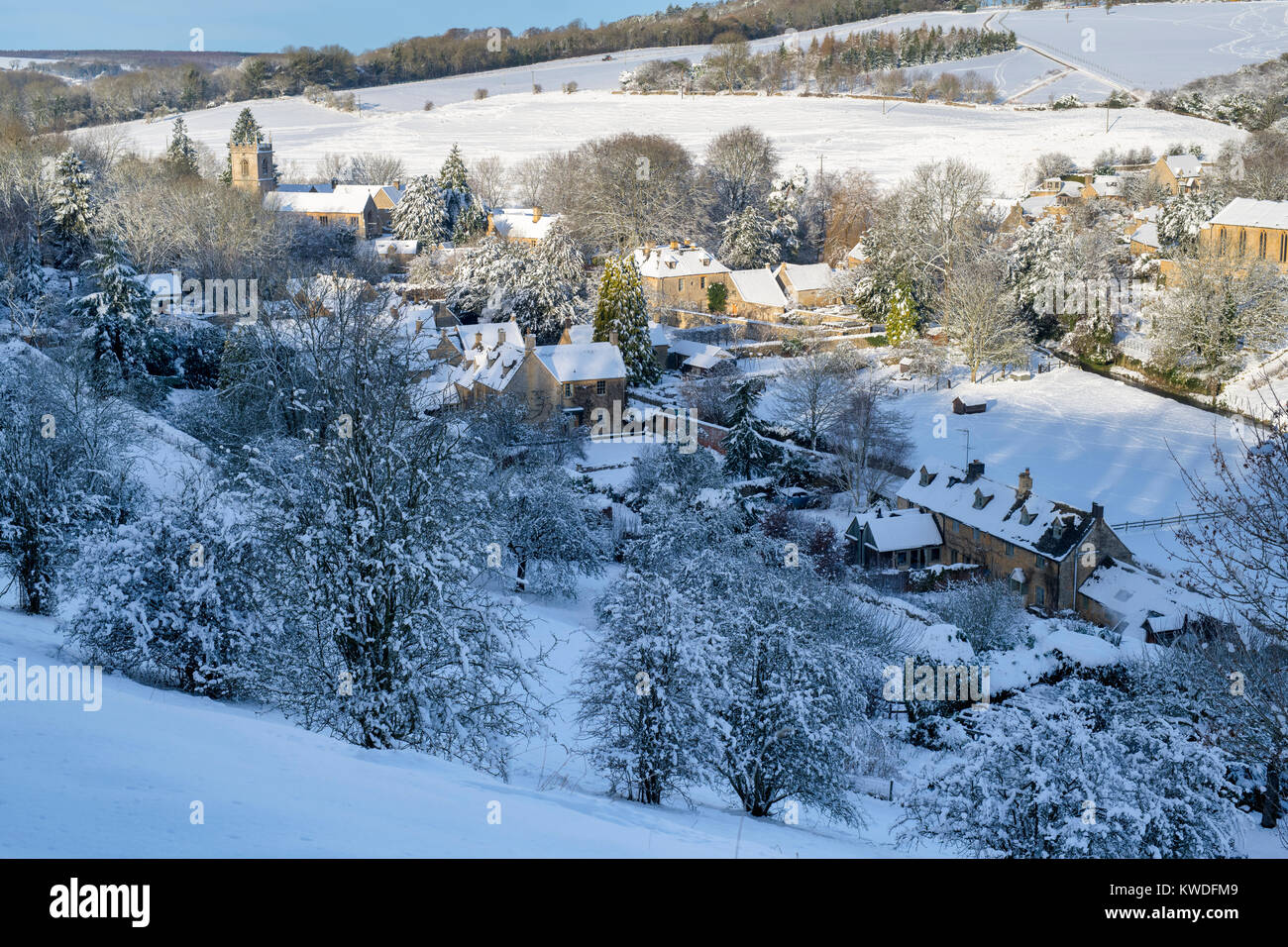 Naunton village in the snow in December. Naunton, Cotswolds ...