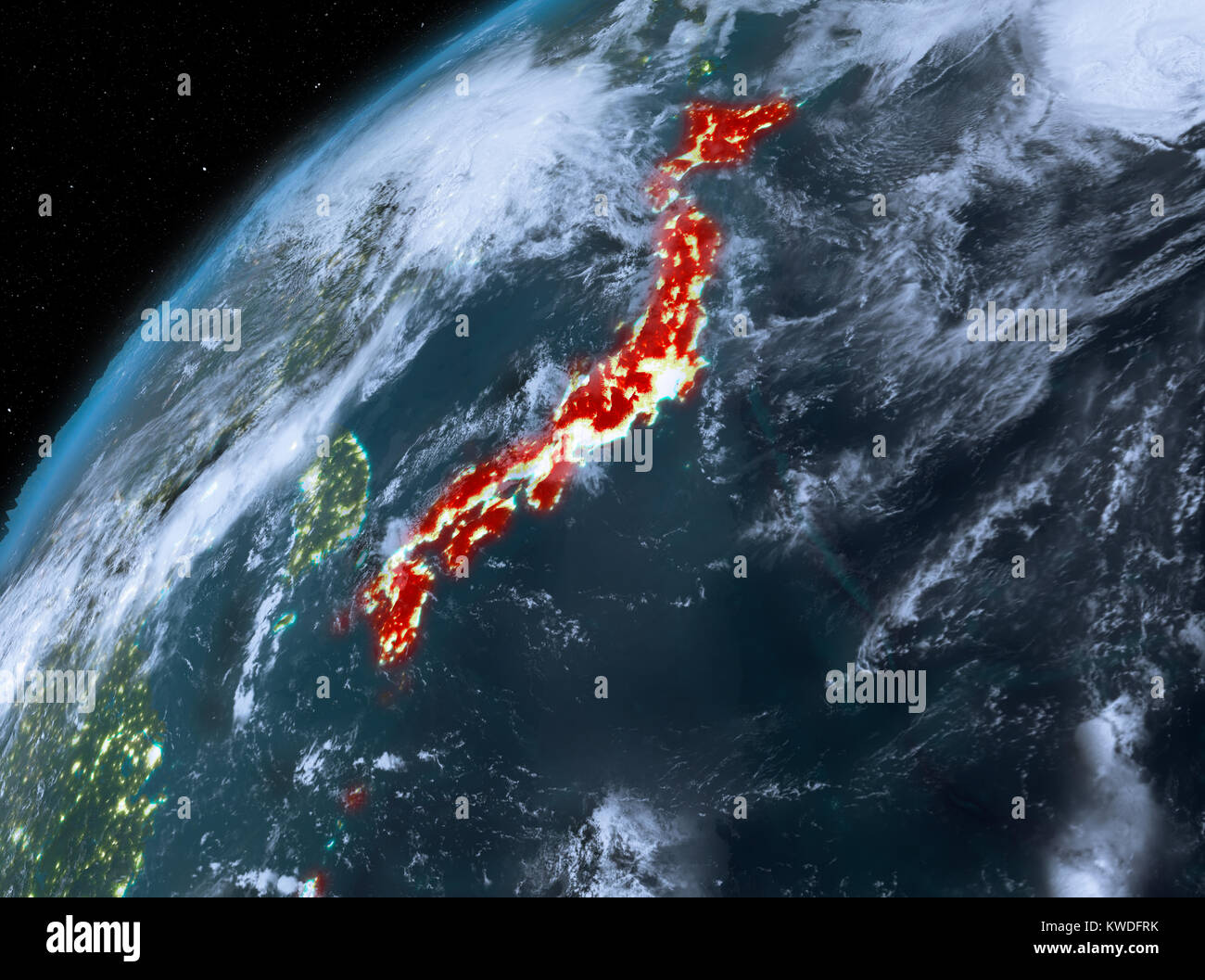 Illustration of Japan as seen from Earth’s orbit at night. 3D ...