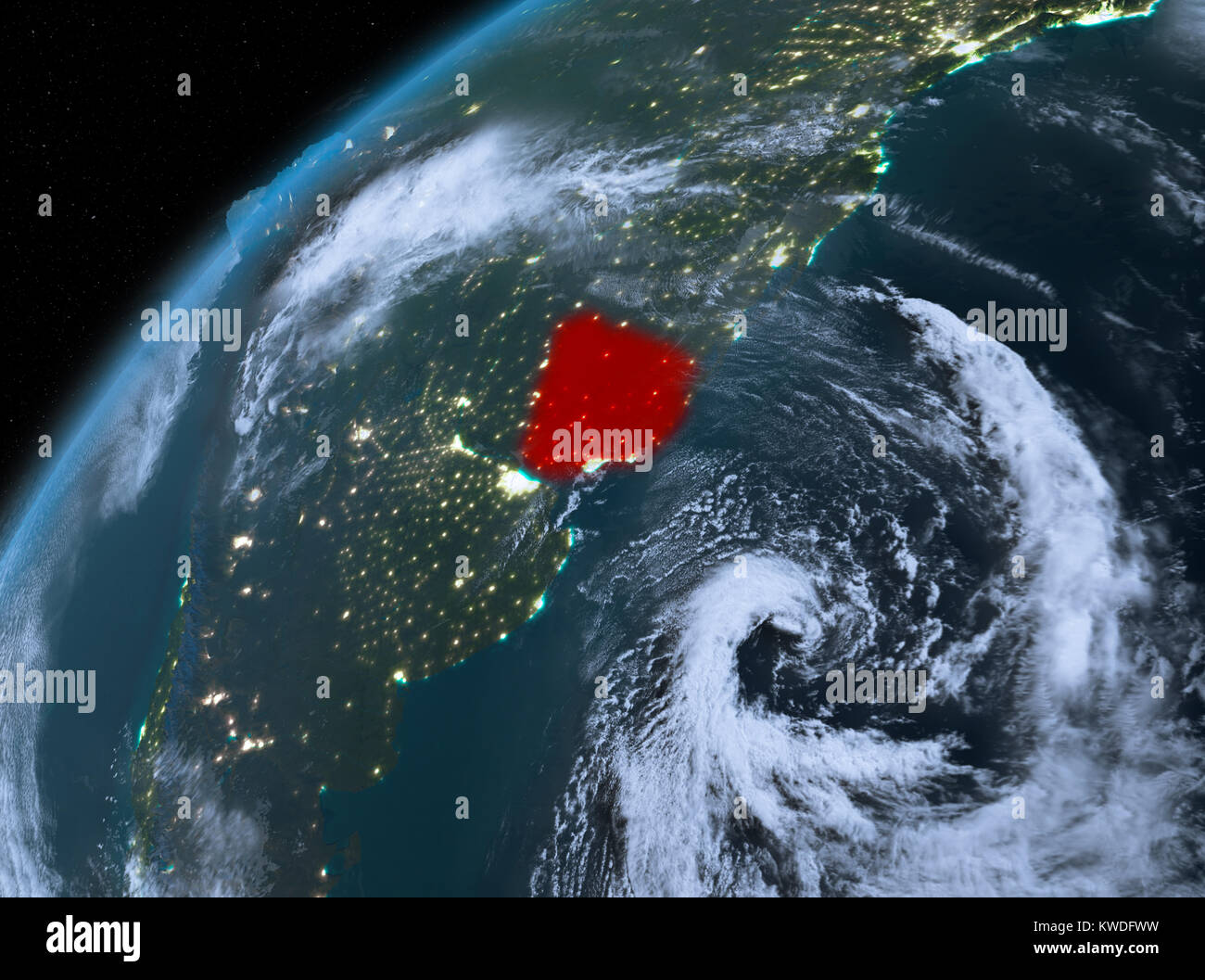 Illustration of Uruguay as seen from Earth’s orbit at night. 3D ...