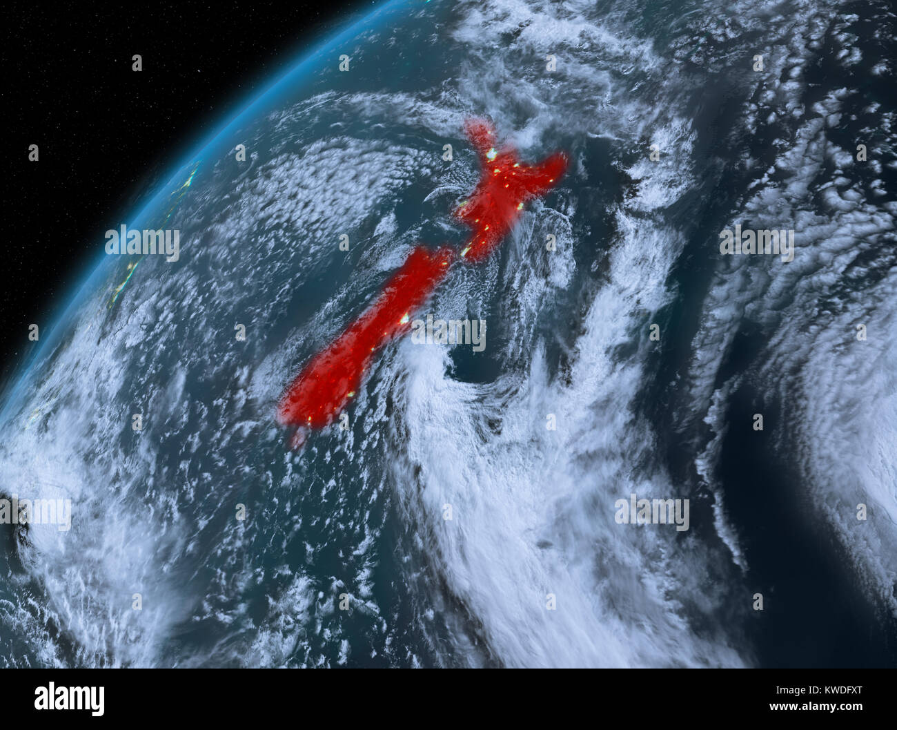 Illustration of New Zealand as seen from Earth’s orbit at night. 3D ...