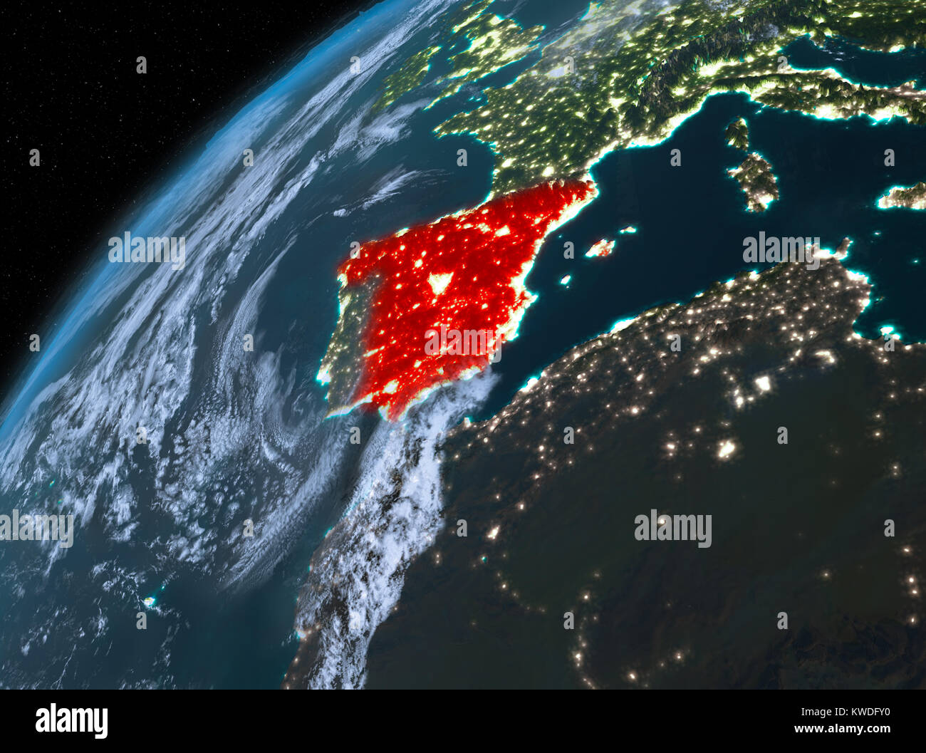 Illustration of Spain as seen from Earth’s orbit at night. 3D ...