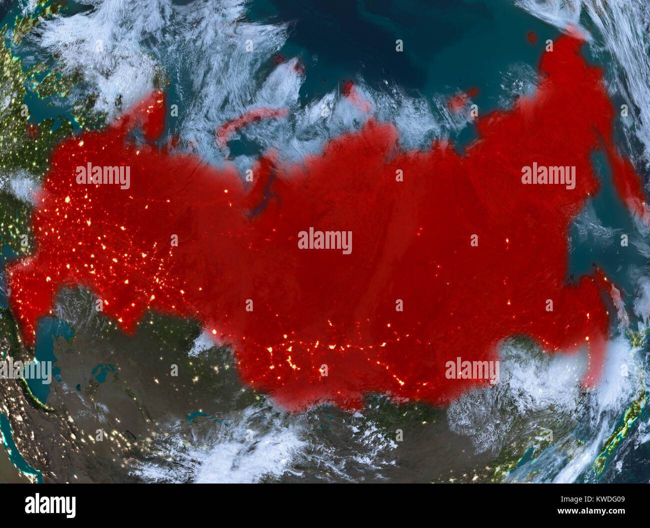 Country of Russia in red on planet Earth with clouds at night. 3D ...