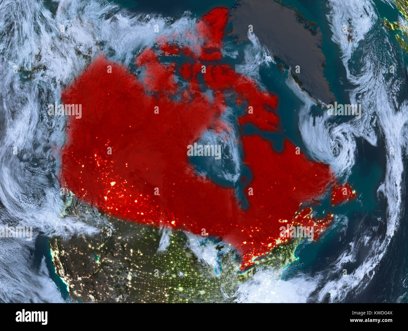 Country of Canada in red on planet Earth with clouds at night. 3D ...