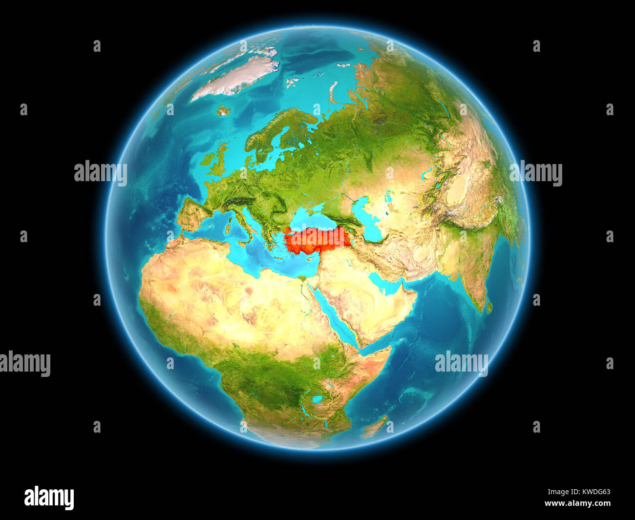 Turkey in red on planet Earth as seen from space on full sphere. 3D ...